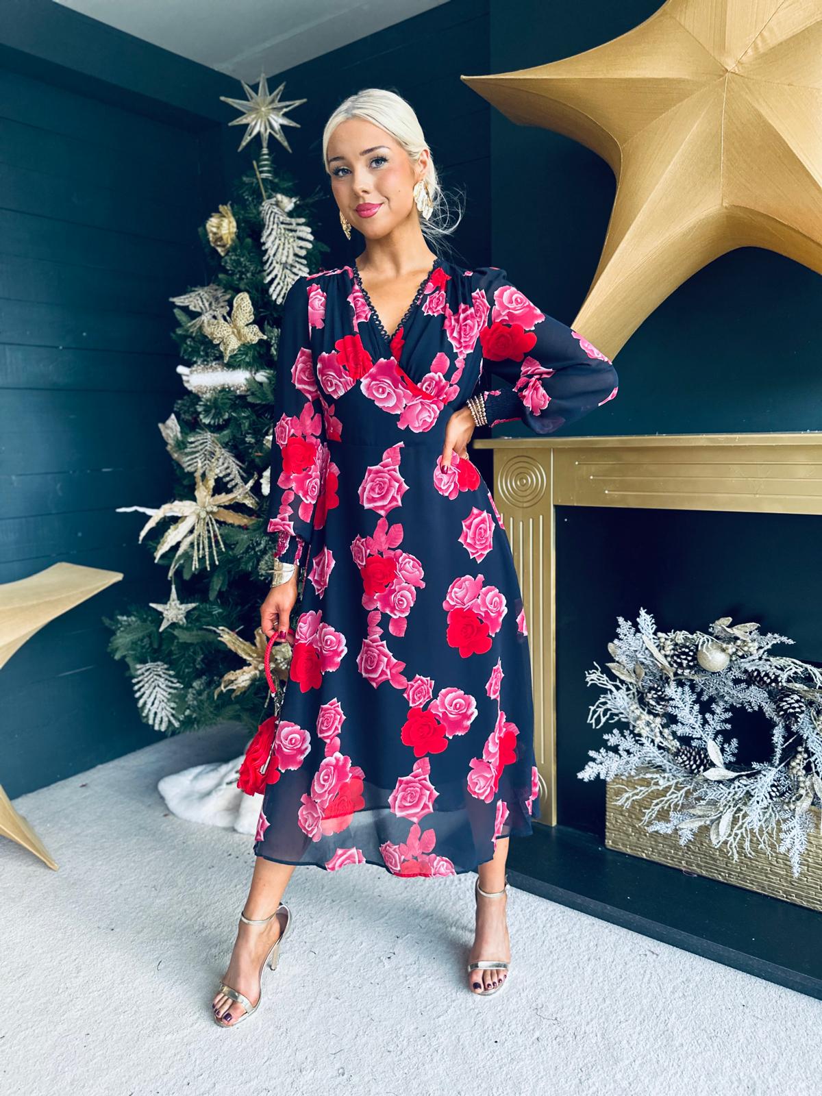 Eris Detailed Midi Dress Navy Rose – Canella Lane