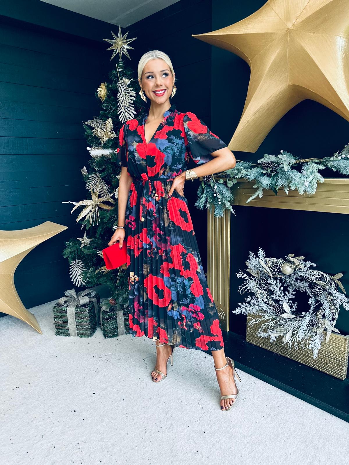 Eimear Pleated Midi Dress Black Large Floral – Canella Lane