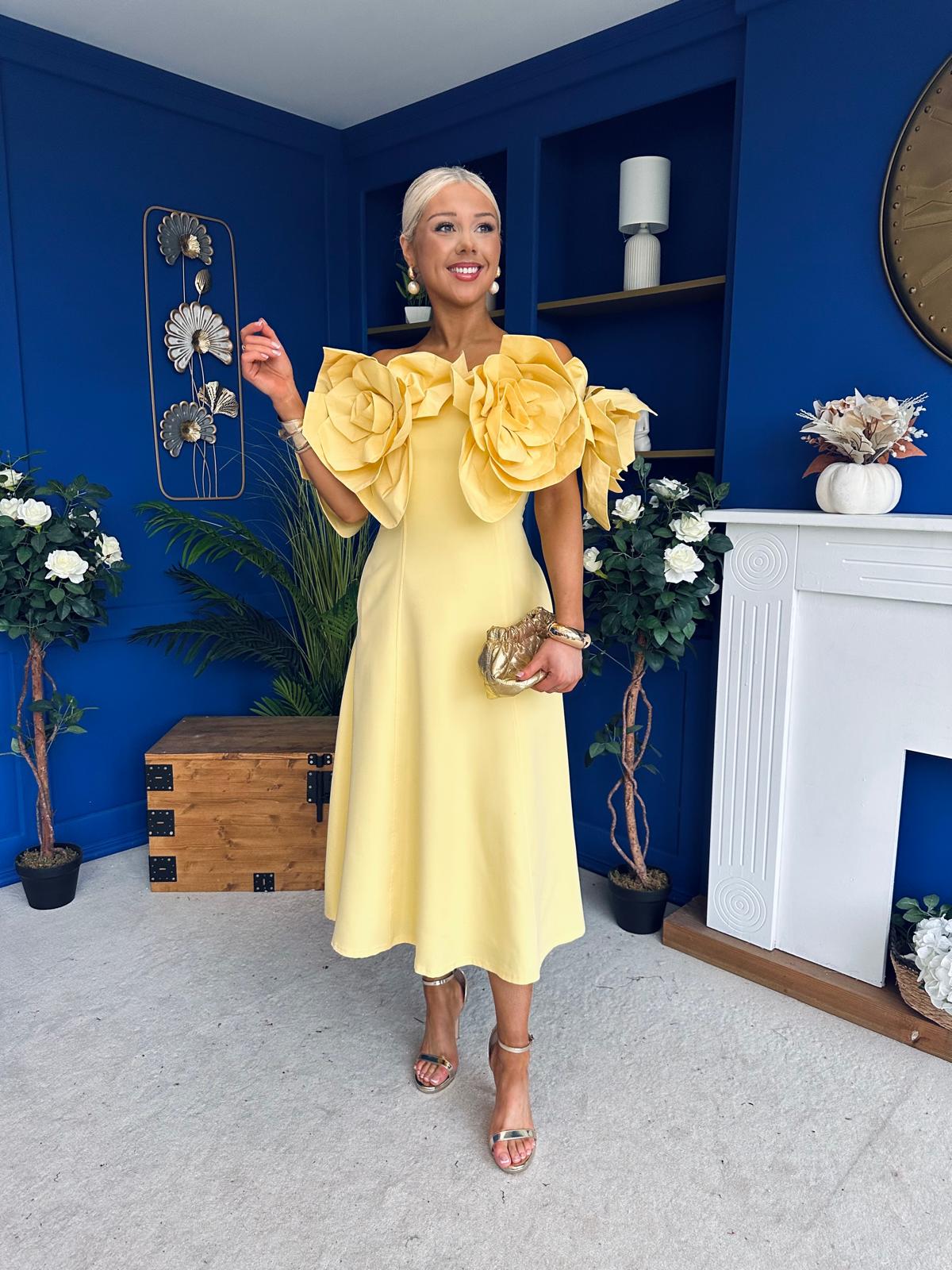 Jackie Floral Detail Occasion Midi Dress Yellow – Canella Lane