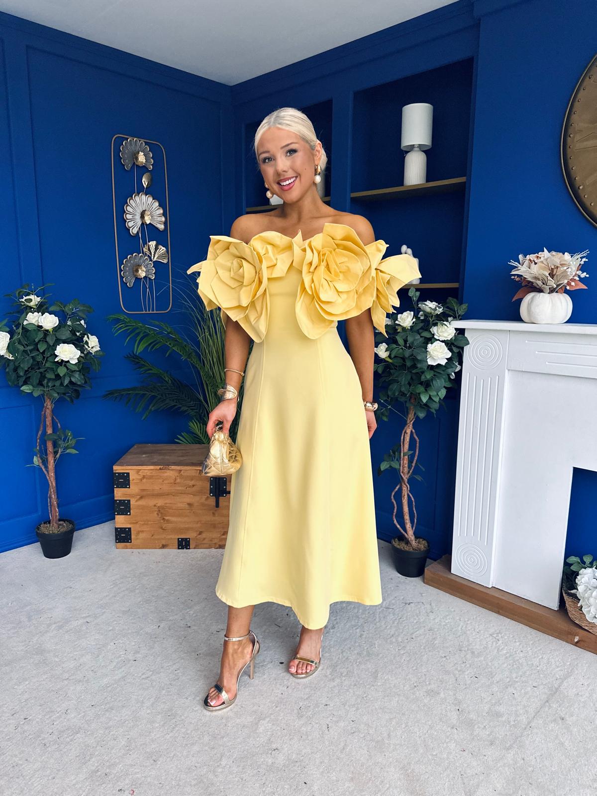 Jackie Floral Detail Occasion Midi Dress Yellow – Canella Lane