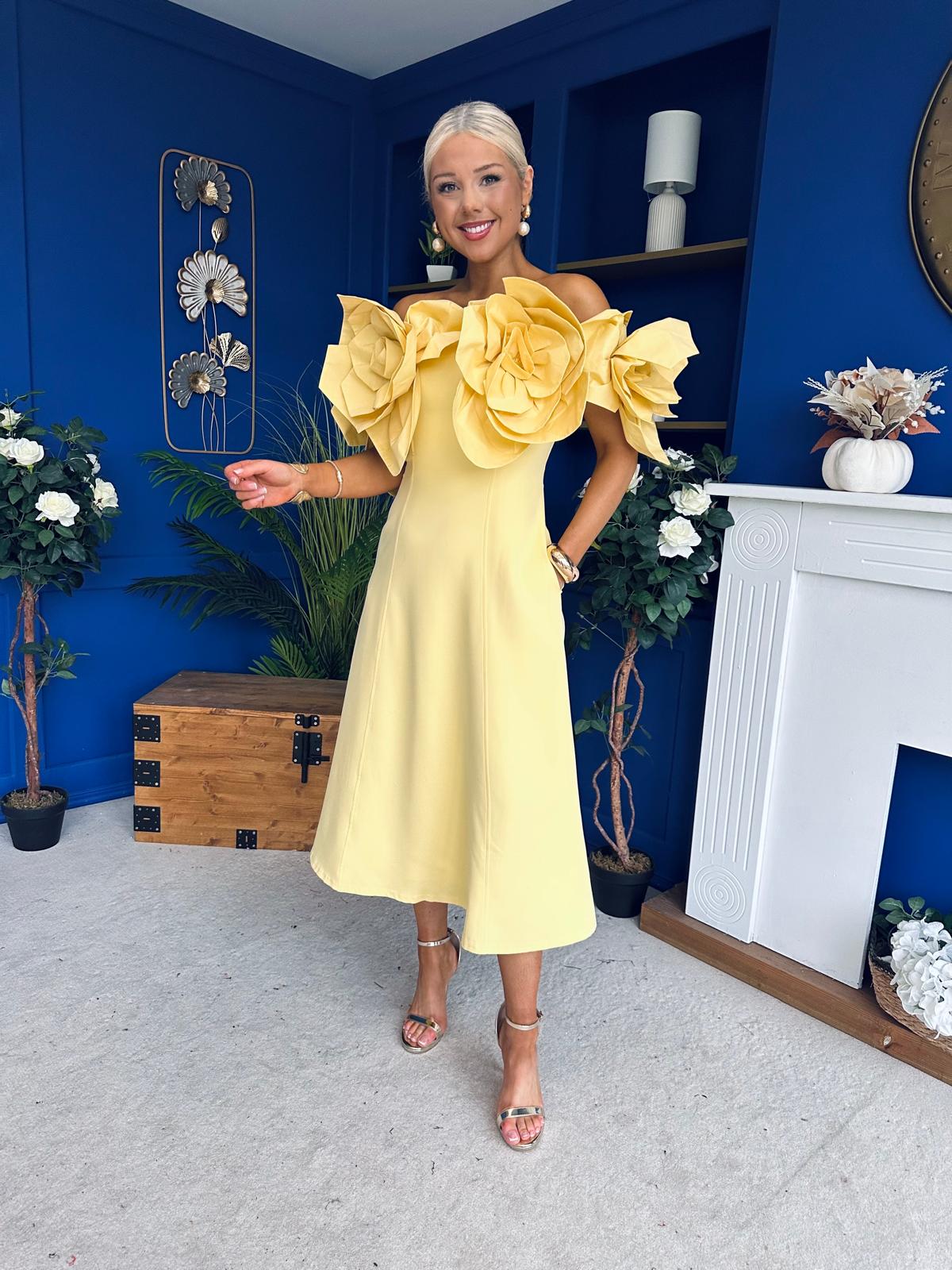 Jackie Floral Detail Occasion Midi Dress Yellow – Canella Lane